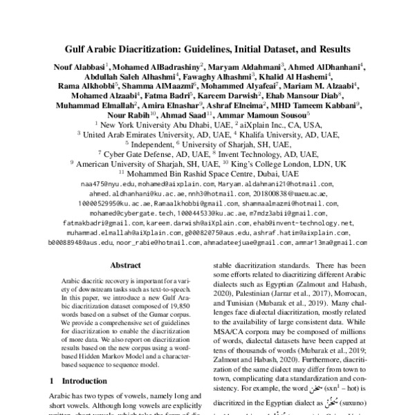 Gulf Arabic Diacritization: Guidelines, Initial Dataset, and Results ...