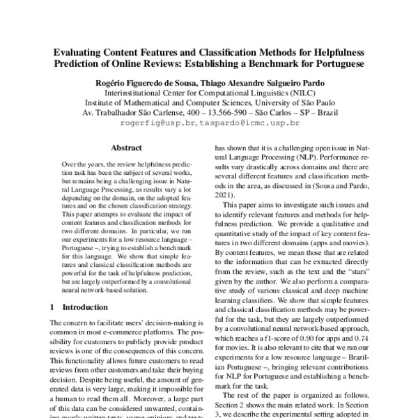 Evaluating Content Features and Classification Methods for Helpfulness Prediction of Online ...