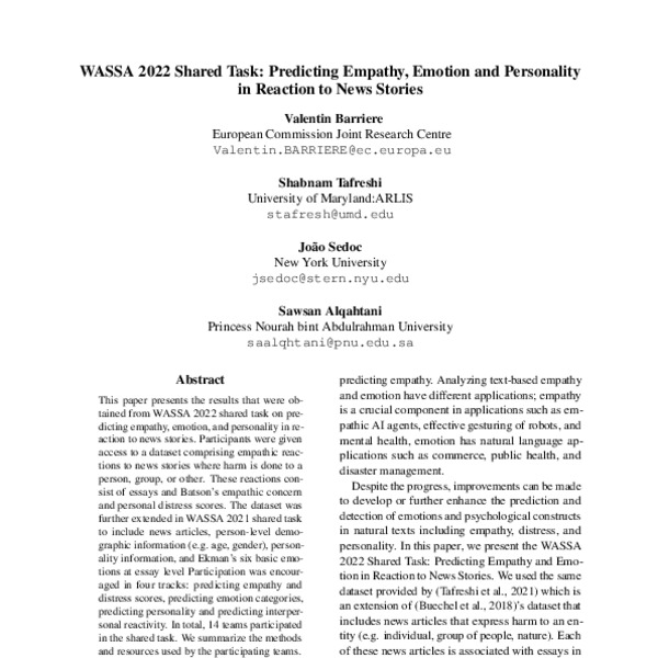 WASSA 2022 Shared Task: Predicting Empathy, Emotion and Personality in ...