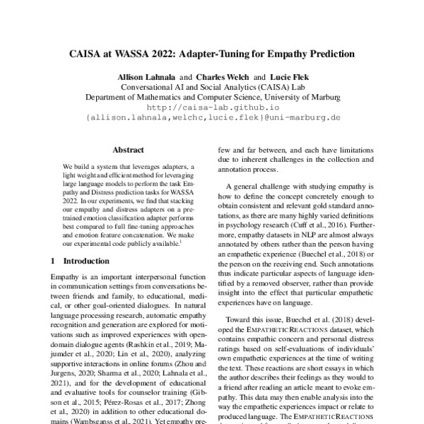 CAISA at WASSA 2022: Adapter-Tuning for Empathy Prediction - ACL Anthology