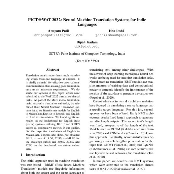 PICT@WAT 2022: Neural Machine Translation Systems for Indic Languages - ACL Anthology