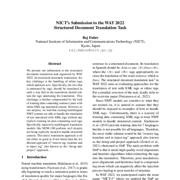 NICT’s Submission to the WAT 2022 Structured Document Translation Task - ACL Anthology