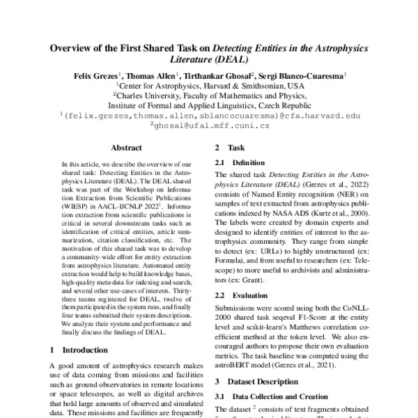 Overview of the First Shared Task on Detecting Entities in the Astrophysics Literature (DEAL ...