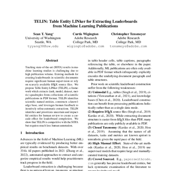 TELIN: Table Entity LINker for Extracting Leaderboards from Machine Learning Publications - ACL ...