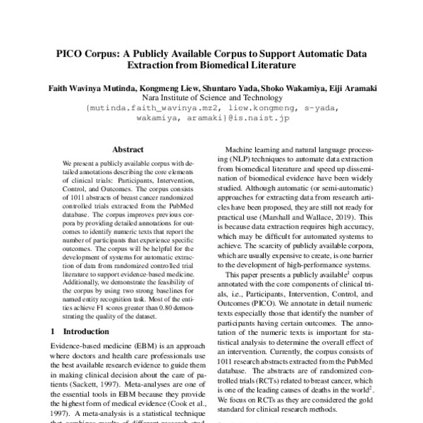 PICO Corpus: A Publicly Available Corpus to Support Automatic Data Extraction from Biomedical ...