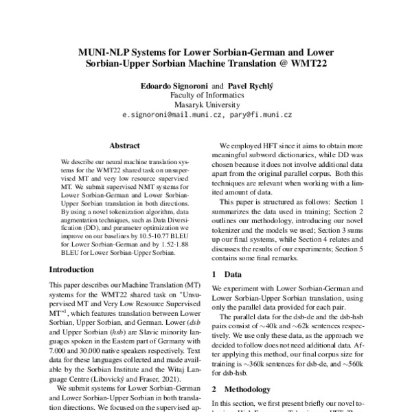 MUNI-NLP Systems for Lower Sorbian-German and Lower Sorbian-Upper ...
