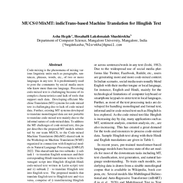 MUCS@MixMT: IndicTrans-based Machine Translation for Hinglish Text ...
