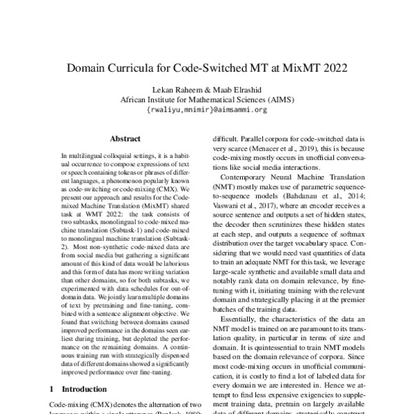 Domain Curricula for Code-Switched MT at MixMT 2022 - ACL Anthology