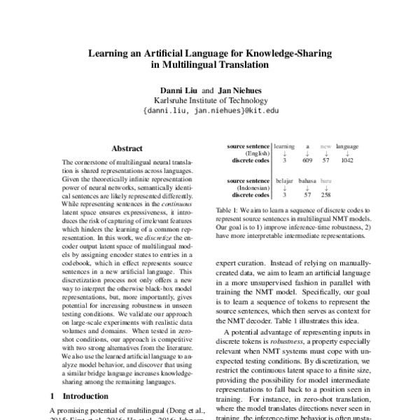 Learning an Artificial Language for Knowledge-Sharing in Multilingual Translation - ACL Anthology