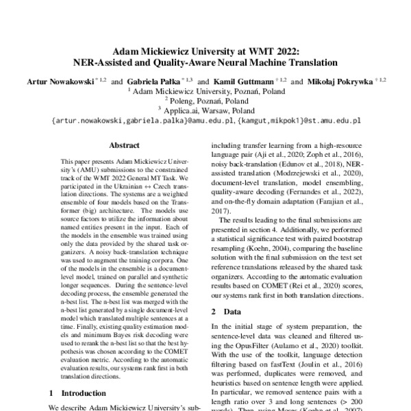 Adam Mickiewicz University at WMT 2022: NER-Assisted and Quality-Aware Neural Machine ...