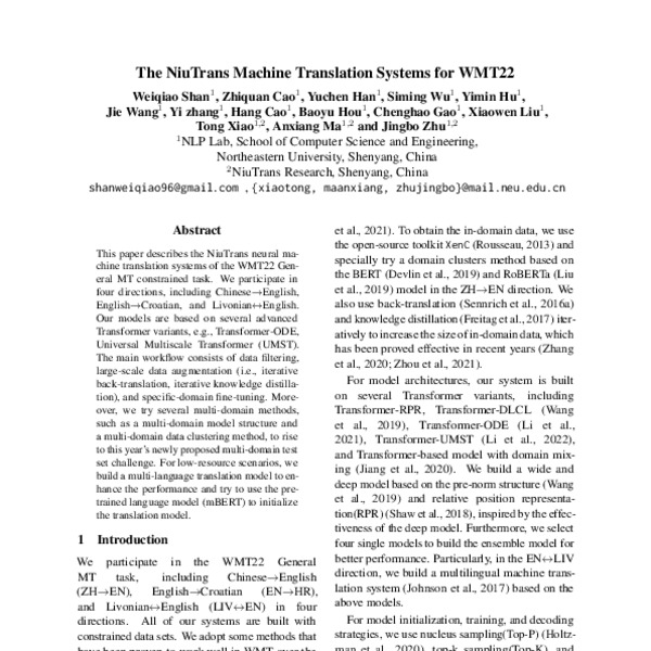 The NiuTrans Machine Translation Systems for WMT22 - ACL Anthology