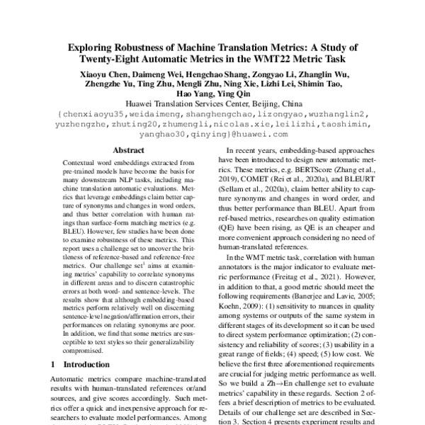 Exploring Robustness of Machine Translation Metrics: A Study of Twenty-Two Automatic Metrics in ...