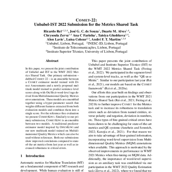 COMET-22: Unbabel-IST 2022 Submission for the Metrics Shared Task - ACL ...