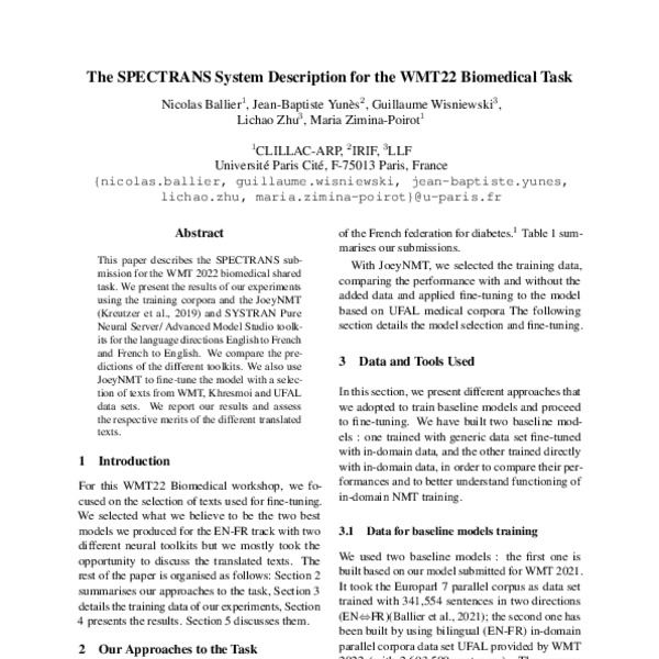 The SPECTRANS System Description for the WMT22 Biomedical Task - ACL ...