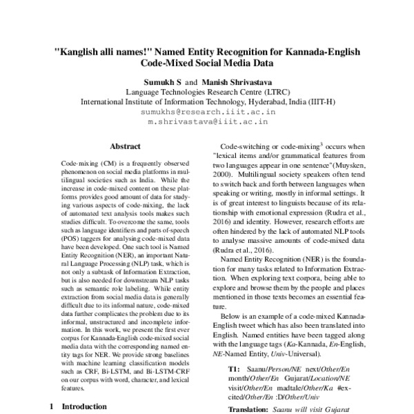 “Kanglish alli names!” Named Entity Recognition for Kannada-English Code-Mixed Social Media Data ...