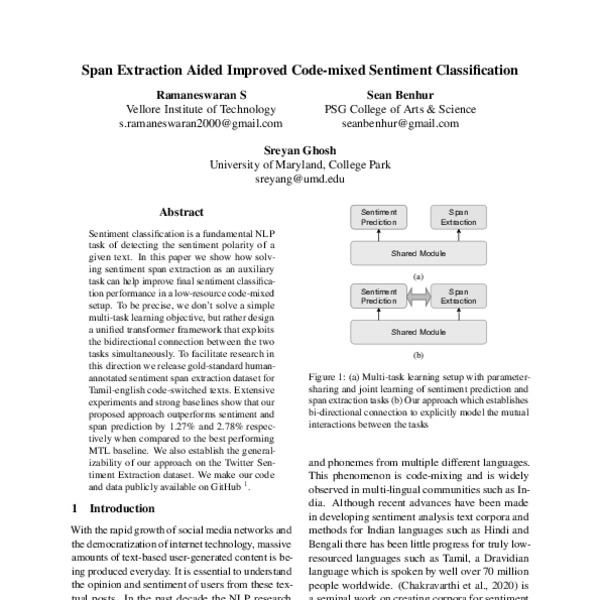 Span Extraction Aided Improved Code Mixed Sentiment Classification