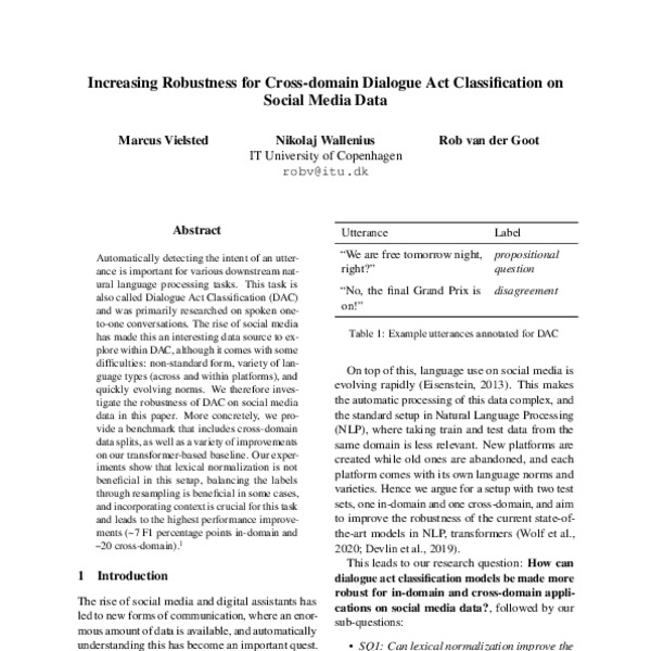 Increasing Robustness for Cross-domain Dialogue Act Classification on Social Media Data - ACL ...