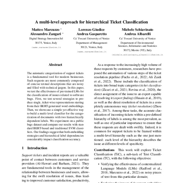 A multi-level approach for hierarchical Ticket Classification - ACL Anthology