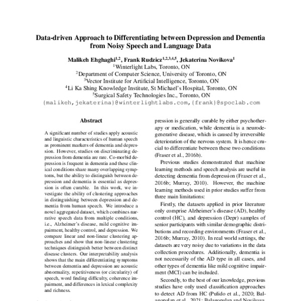 Data-driven Approach to Differentiating between Depression and Dementia from Noisy Speech and ...