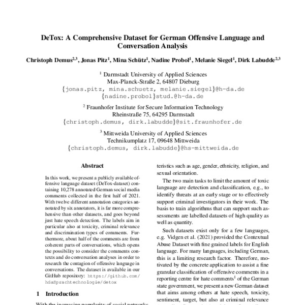 DeTox: A Comprehensive Dataset for German Offensive Language and ...