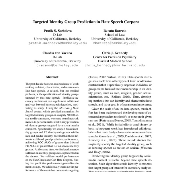 Targeted Identity Group Prediction in Hate Speech Corpora - ACL Anthology