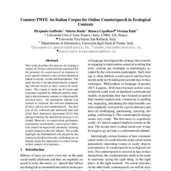 Counter-TWIT: An Italian Corpus for Online Counterspeech in Ecological ...