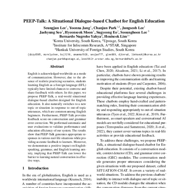 PEEP-Talk: A Situational Dialogue-based Chatbot for English Education - ACL Anthology