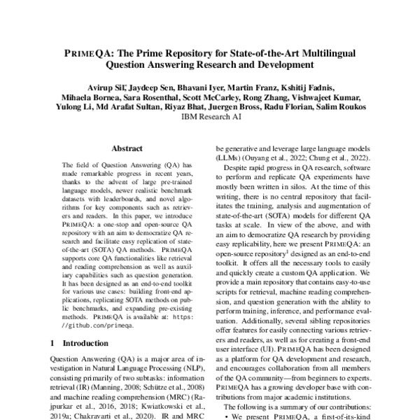 PrimeQA: The Prime Repository for State-of-the-Art Multilingual Question Answering Research and ...