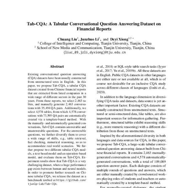 Tab Cqa A Tabular Conversational Question Answering Dataset On