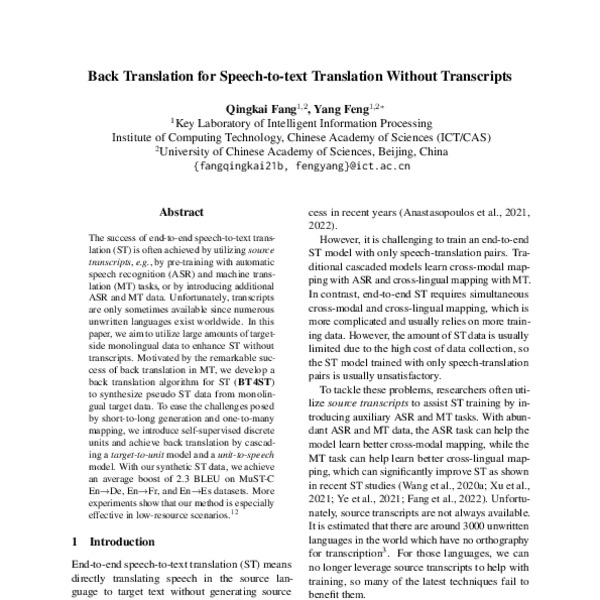 Back Translation For Speech To Text Translation Without Transcripts