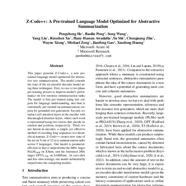 Z-Code++: A Pre-trained Language Model Optimized for Abstractive Summarization - ACL Anthology