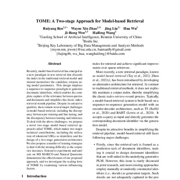 Tome A Two Stage Approach For Model Based Retrieval Acl Anthology