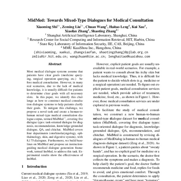MidMed: Towards Mixed-Type Dialogues for Medical Consultation - ACL ...