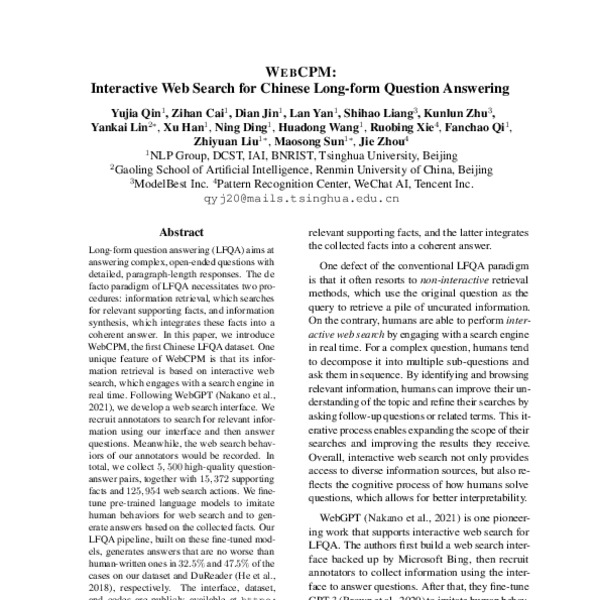 WebCPM: Interactive Web Search for Chinese Long-form Question Answering - ACL Anthology