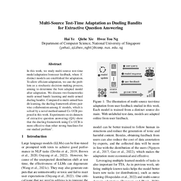 Multi Source Test Time Adaptation As Dueling Bandits For Extractive Question Answering Acl