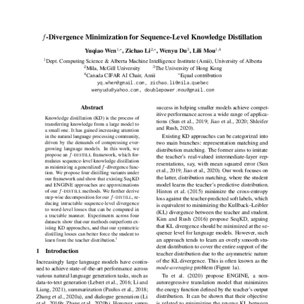 F Divergence Minimization For Sequence Level Knowledge Distillation