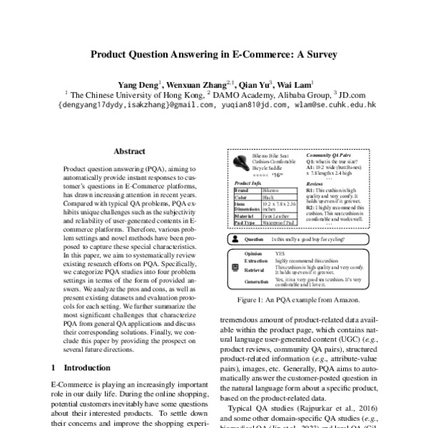 Product Question Answering in E-Commerce: A Survey - ACL Anthology