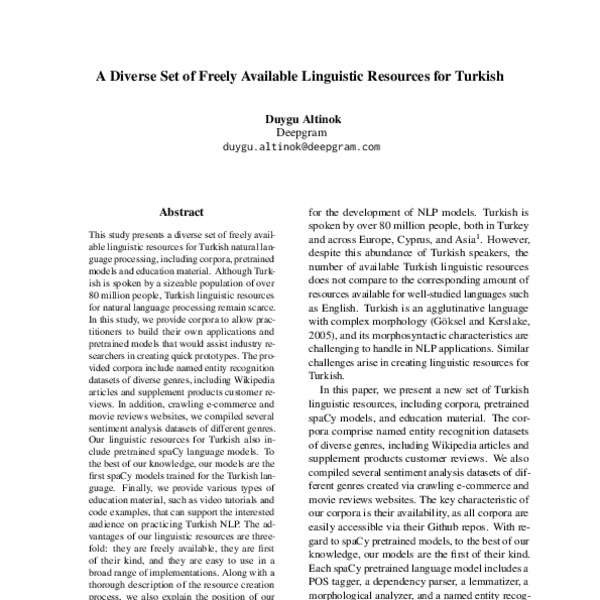 A Diverse Set of Freely Available Linguistic Resources for Turkish - ACL Anthology
