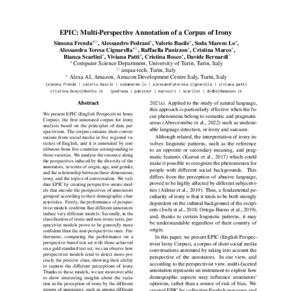 EPIC: Multi-Perspective Annotation of a Corpus of Irony - ACL Anthology