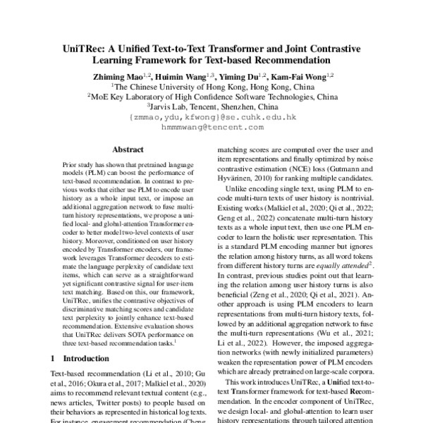 UniTRec: A Unified Text-to-Text Transformer and Joint Contrastive Learning Framework for Text ...