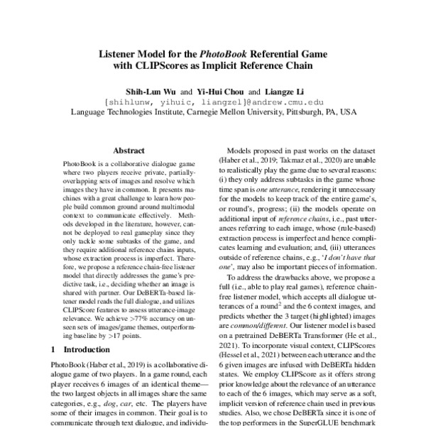 Listener Model for the PhotoBook Referential Game with CLIPScores as ...