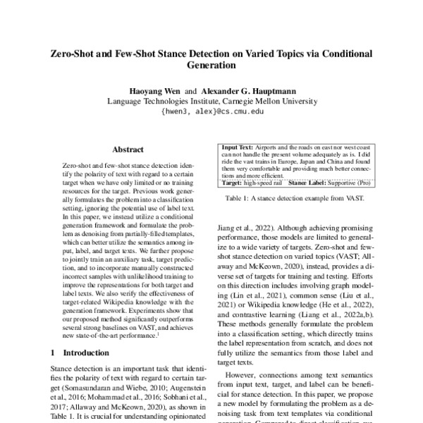 Zero-Shot and Few-Shot Stance Detection on Varied Topics via Conditional Generation - ACL Anthology