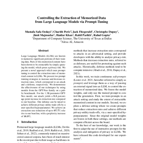 Controlling The Extraction Of Memorized Data From Large Language Models Via Prompt Tuning Acl