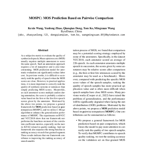 MOSPC: MOS Prediction Based on Pairwise Comparison - ACL Anthology