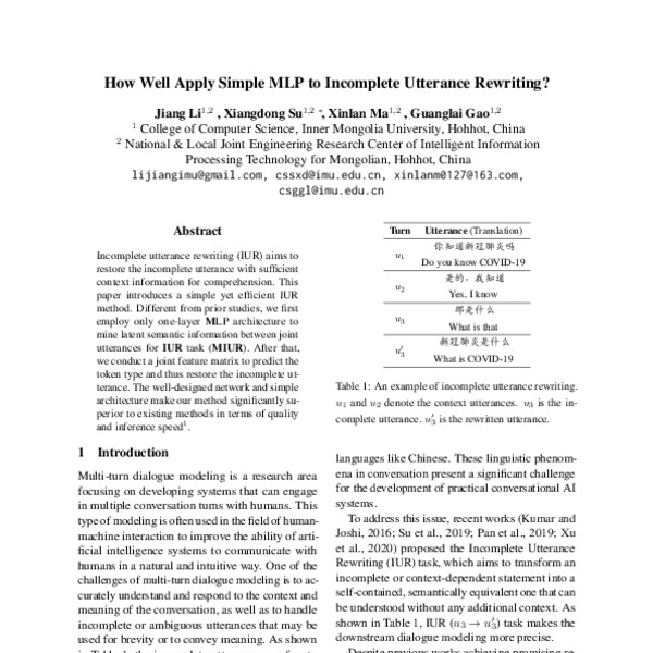 How Well Apply Simple MLP to Incomplete Utterance Rewriting? - ACL Anthology