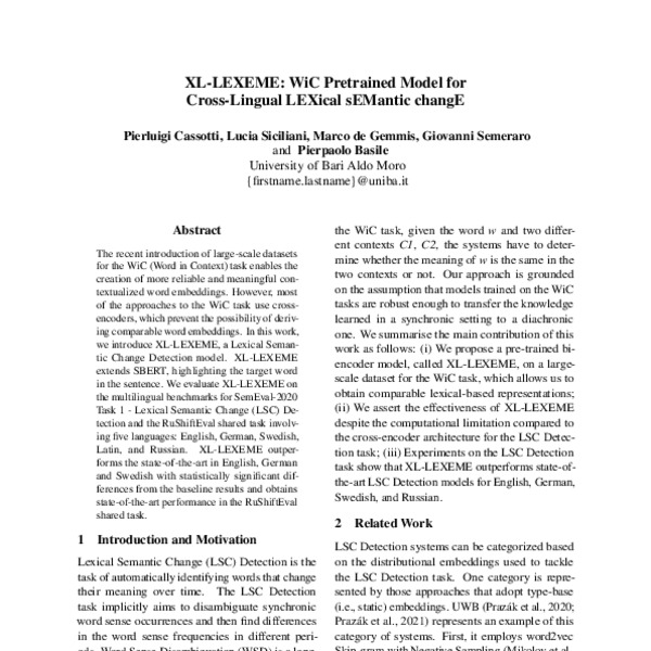 XL-LEXEME: WiC Pretrained Model for Cross-Lingual LEXical sEMantic changE - ACL Anthology