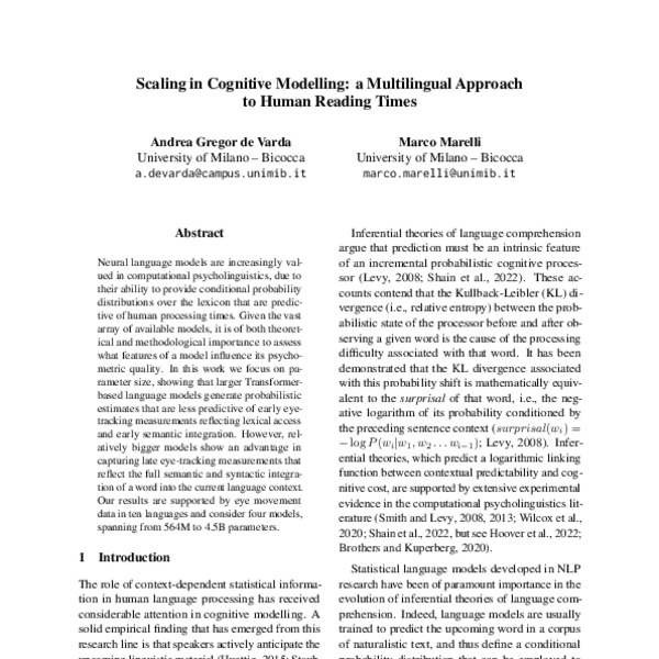 Scaling In Cognitive Modelling A Multilingual Approach To Human Reading Times Acl Anthology