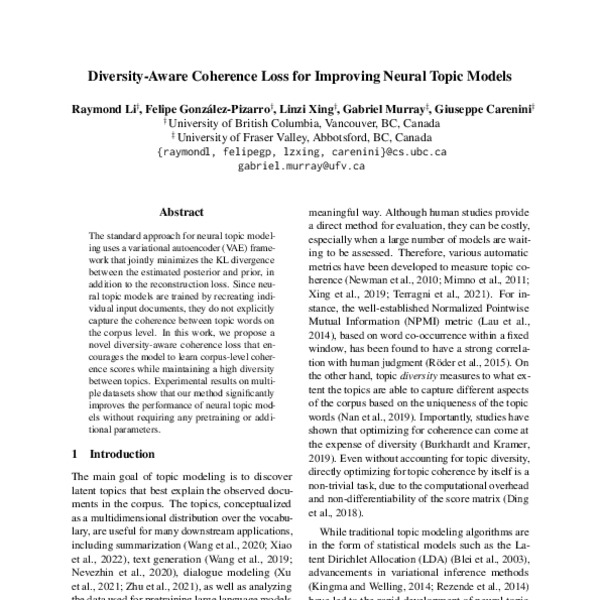 Diversity-Aware Coherence Loss for Improving Neural Topic Models - ACL Anthology