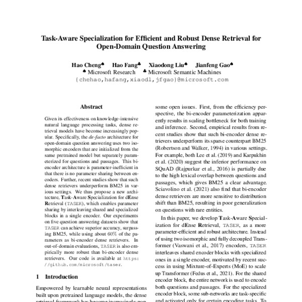 Task Aware Specialization For Efficient And Robust Dense Retrieval For Open Domain Question