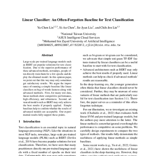 Linear Classifier An Often Forgotten Baseline For Text Classification 6426
